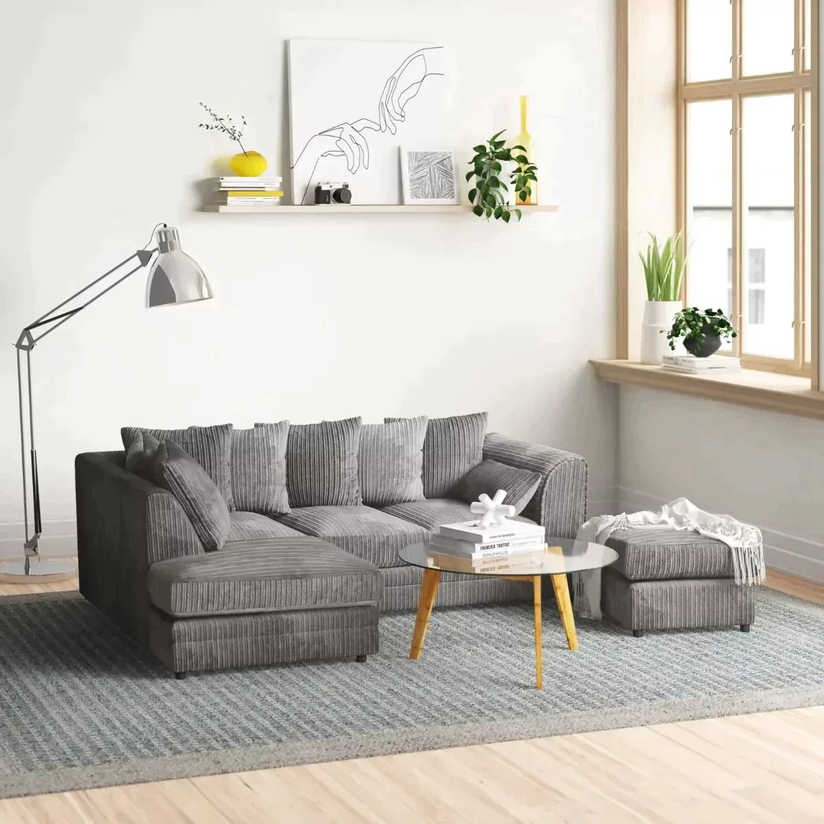Mona Jumbo Cord Grey Corner Sofa with Footstool – Furniture Gold