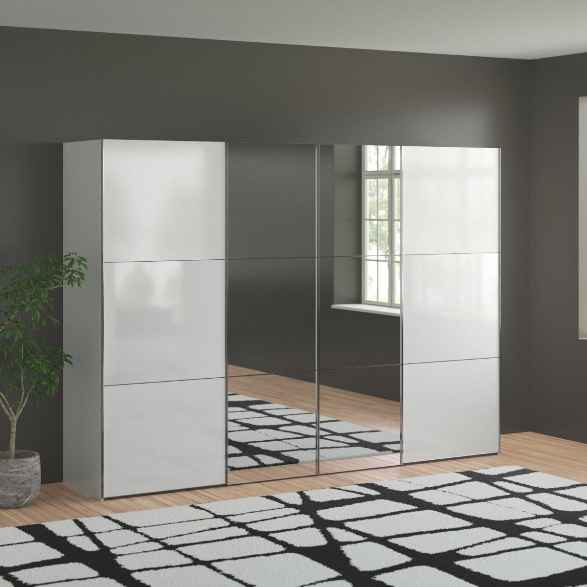 Sliding Wardrobe LANDSCAPE 4 Door Mirrored Wardrobe White 300cm ...