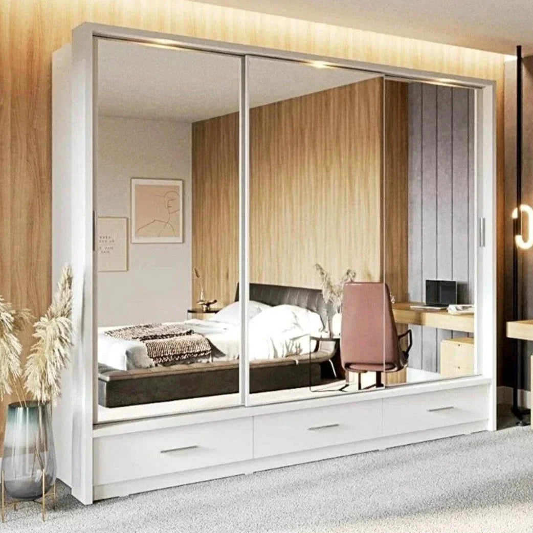 Decorey 3 Door Sliding Wardrobe 250cm - White and Grey – Furniture Gold