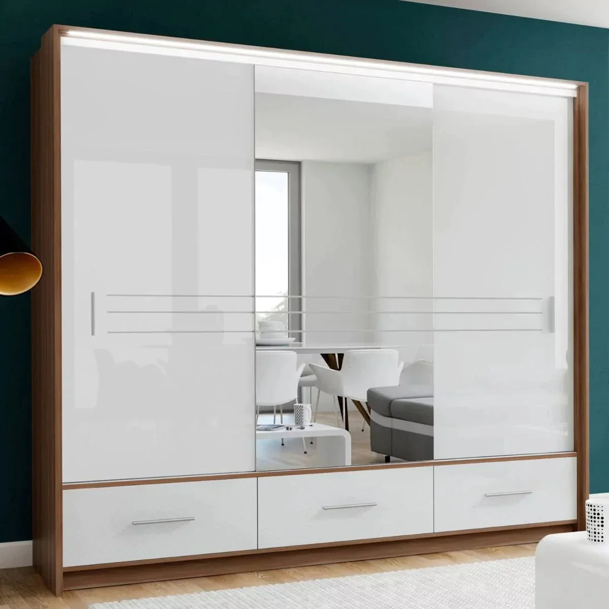 Wiltshire 250cm Large Sliding Door Wardrobe with Mirror Walnut with 3 ...