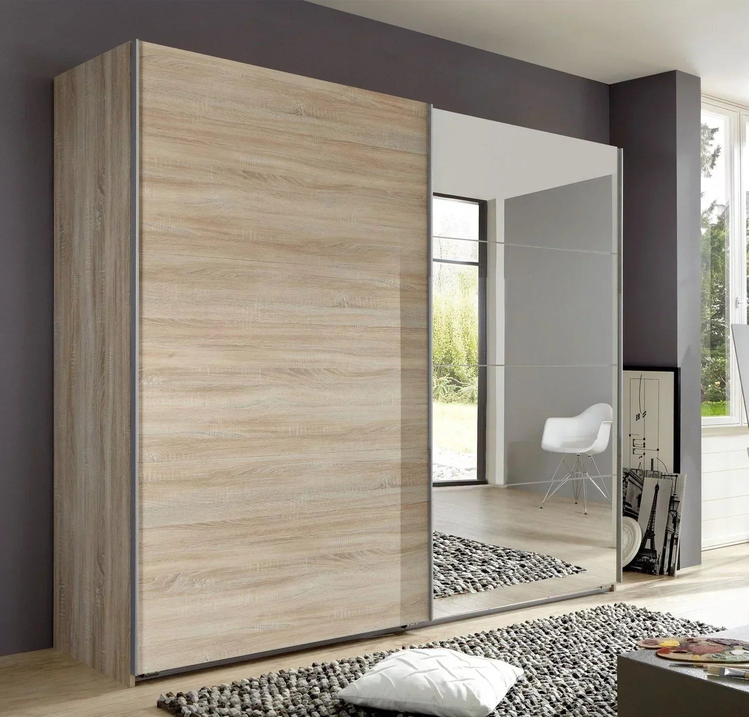 Sliding Wardrobe AMBER 2 Door Mirrored Wardrobe Oak 225cm – Furniture Gold